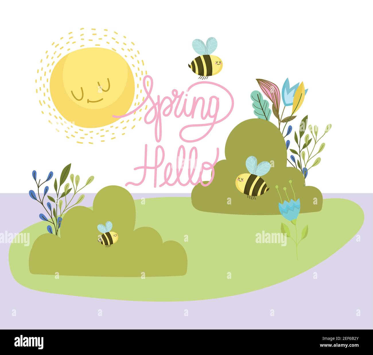 hello spring, cartoon bees flowers bushes vegetation vector ...