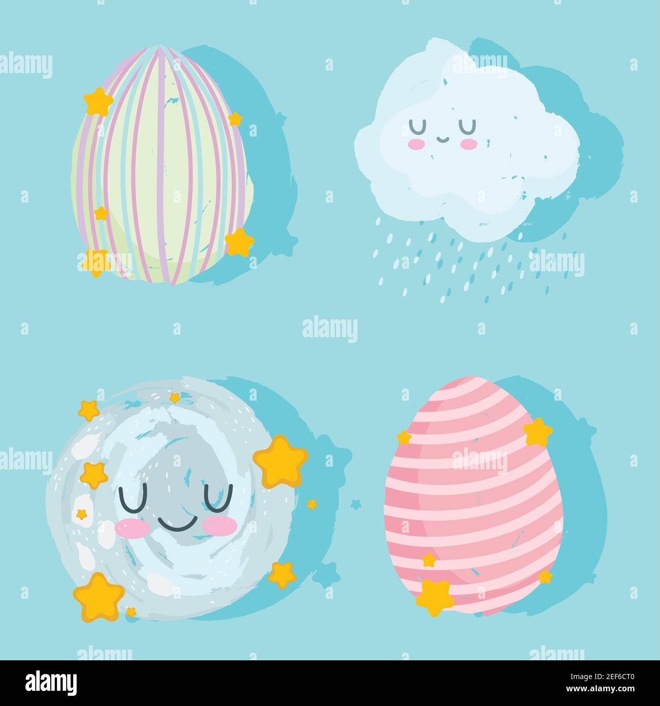 set happy easter painted eggs cloud moon cartoon cute vector ...