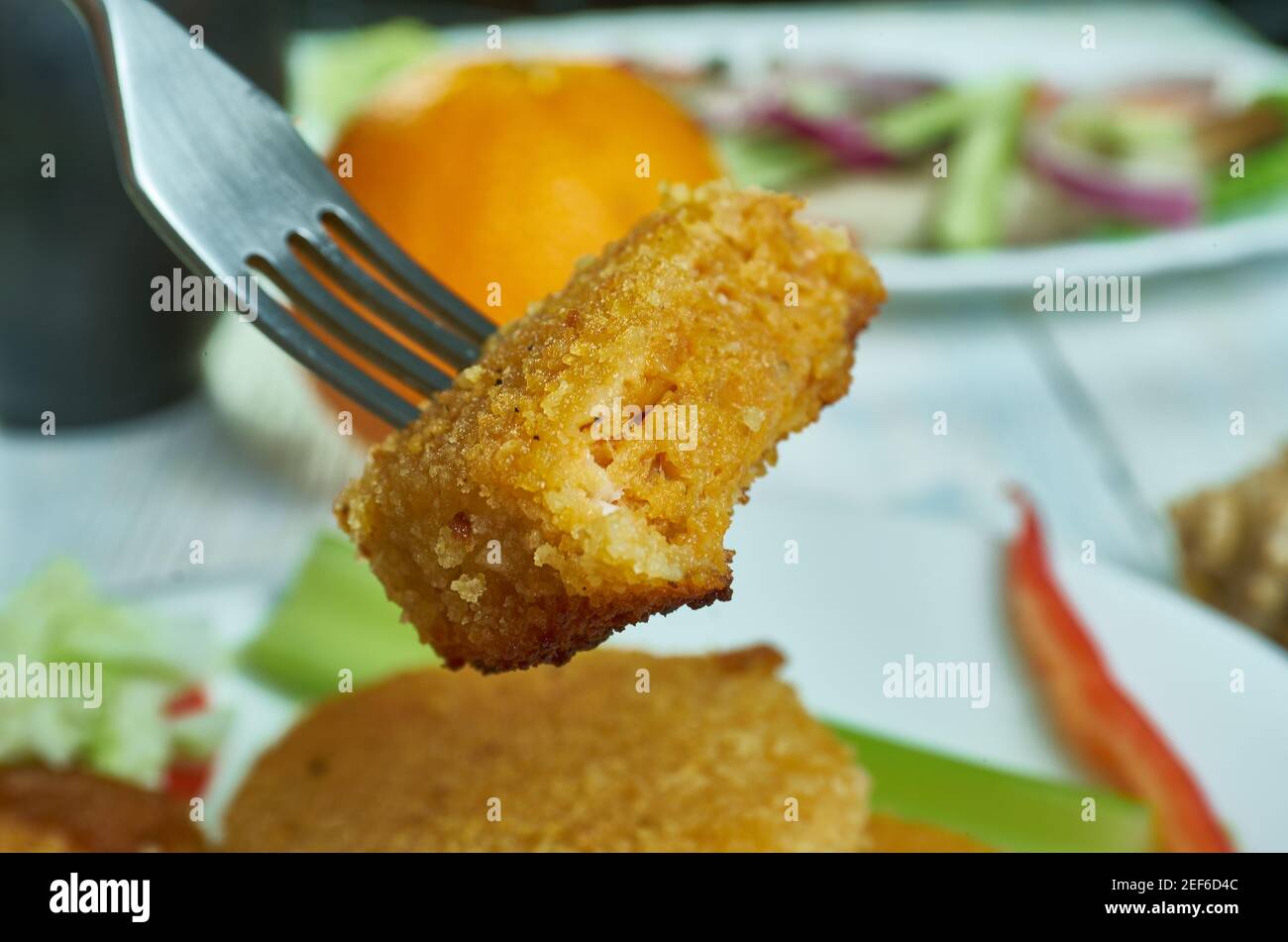 Durban fish cakes, Check prices of cod and salmon Stock Photo - Alamy