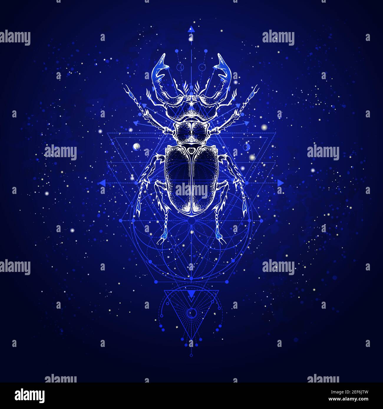 Vector illustration with hand drawn stag beetle and Sacred geometric ...
