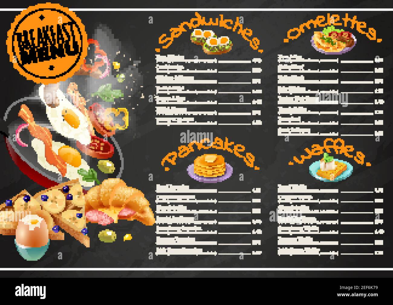 Breakfast menu on black chalkboard including omelettes sandwiches with ...