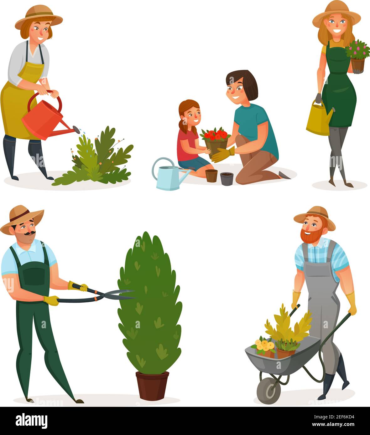 Colored gardening hobby icon set men women and children work in the ...