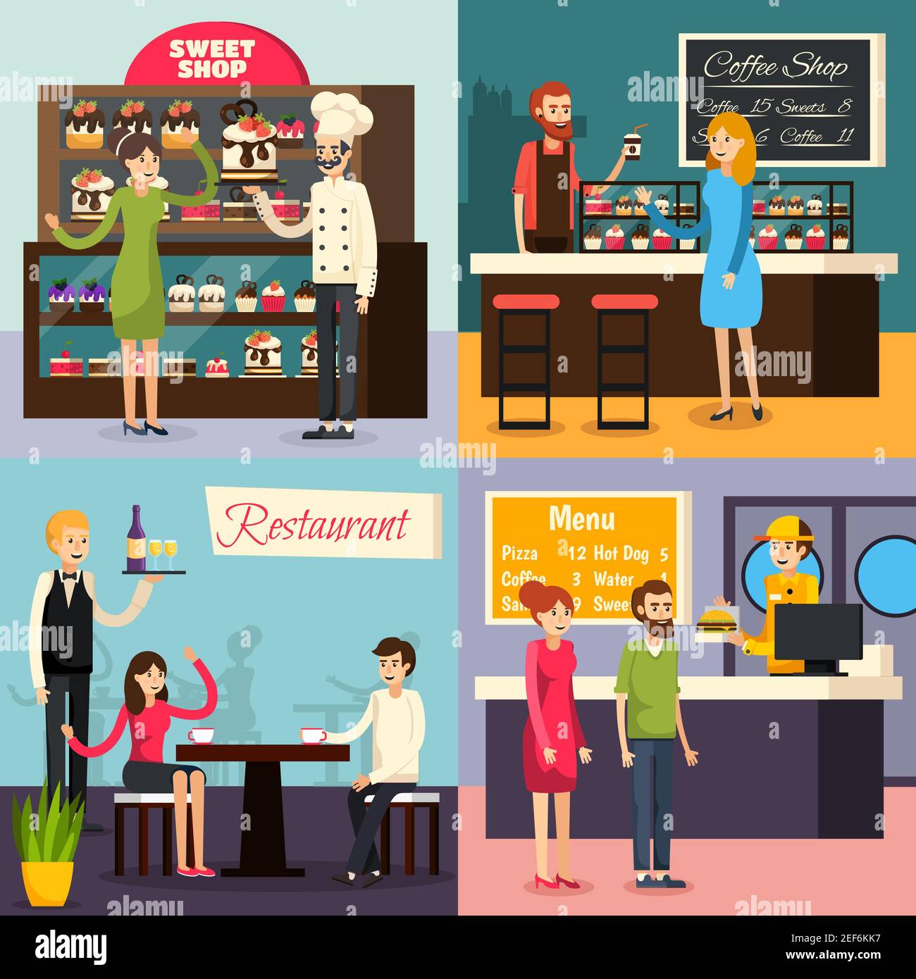 Four square cafe worker flat icon set on restaurant cafe bar sweet shop ...