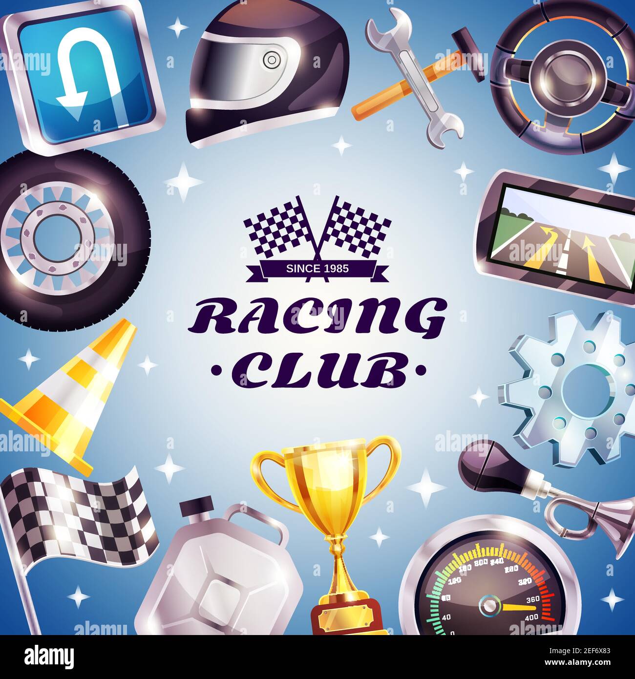 Racing club frame with logo, car parts, helmet, canister, trophy on ...