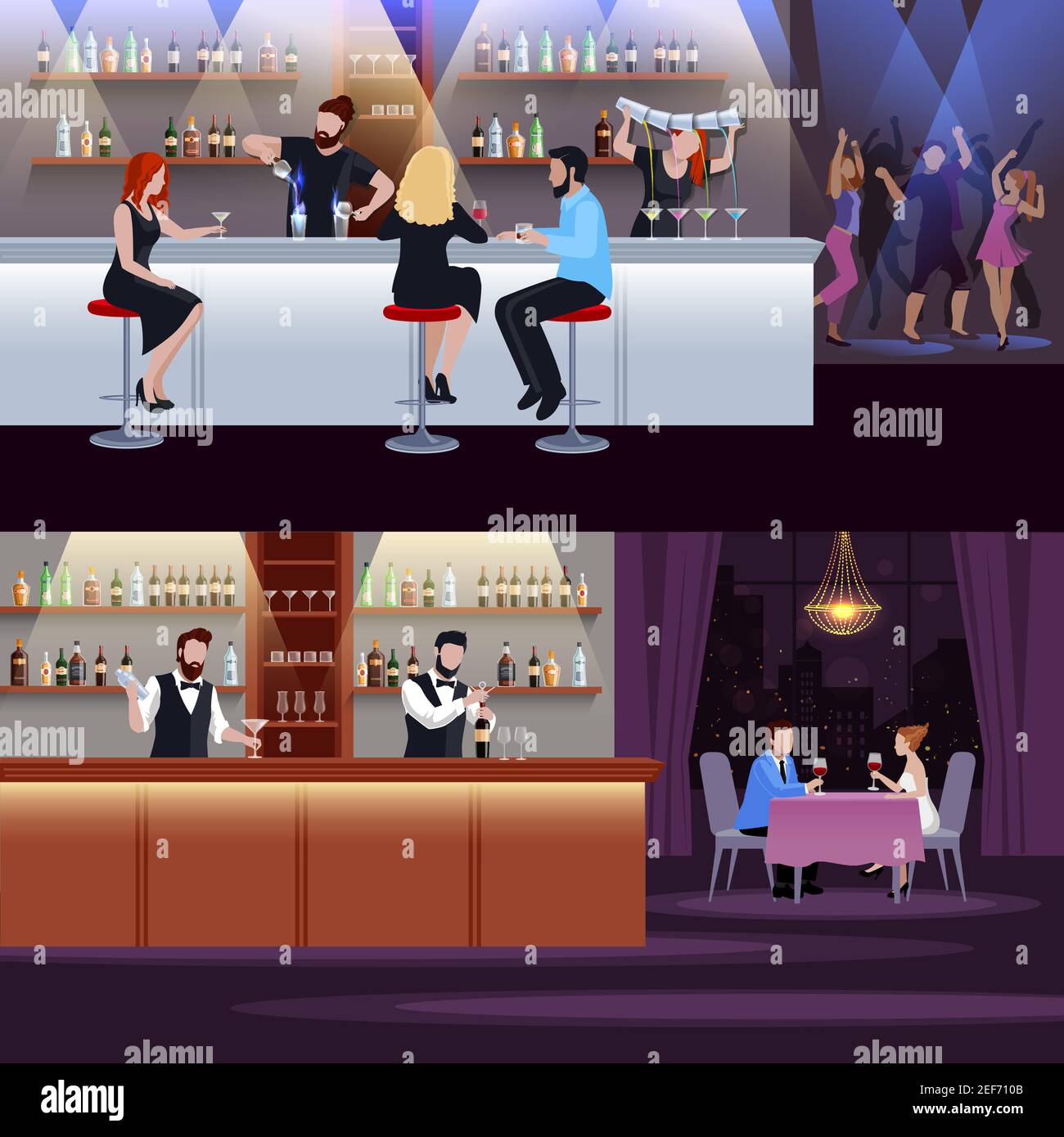 Two horizontal cocktail people composition set with atmosphere in bar ...