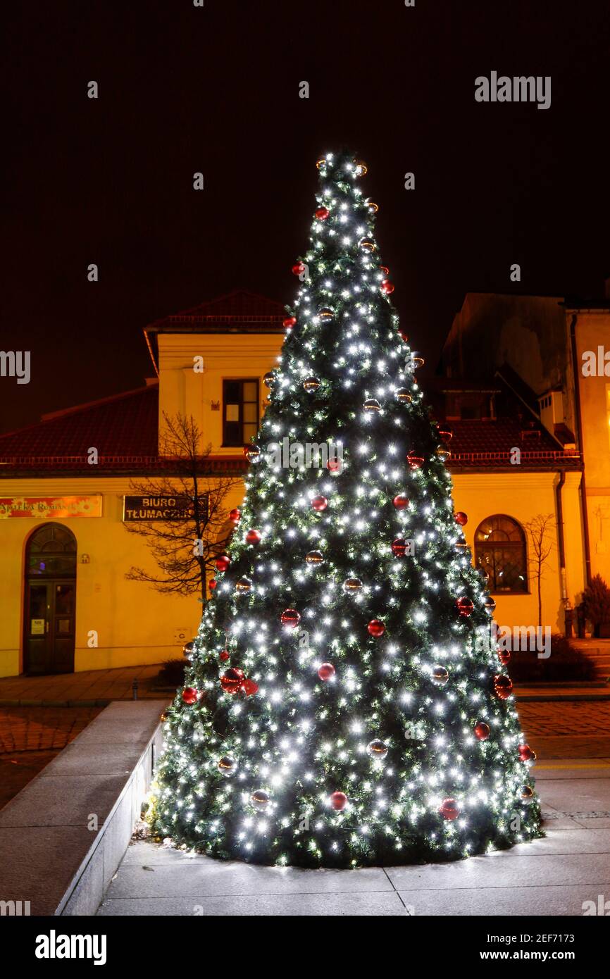 Traditional big christmas tree beautifully iluminated with colorful ...