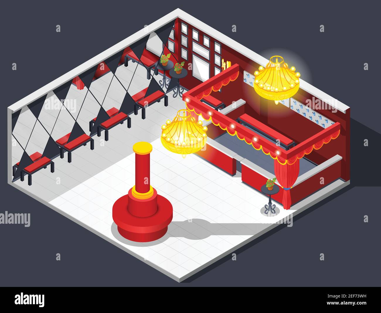 Theatre isometric interior composition of checkroom lobby furniture ...