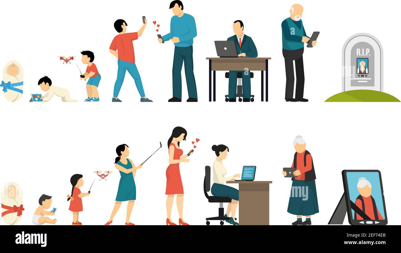 Generations development people evolution life ages digital gadget set ...