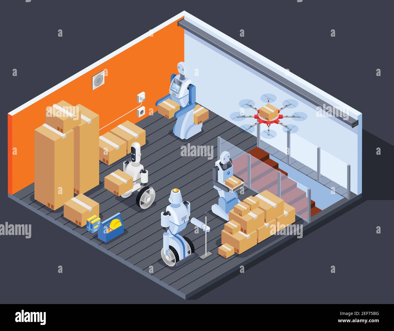 Robot isometric professions composition of warehouse interior and ...