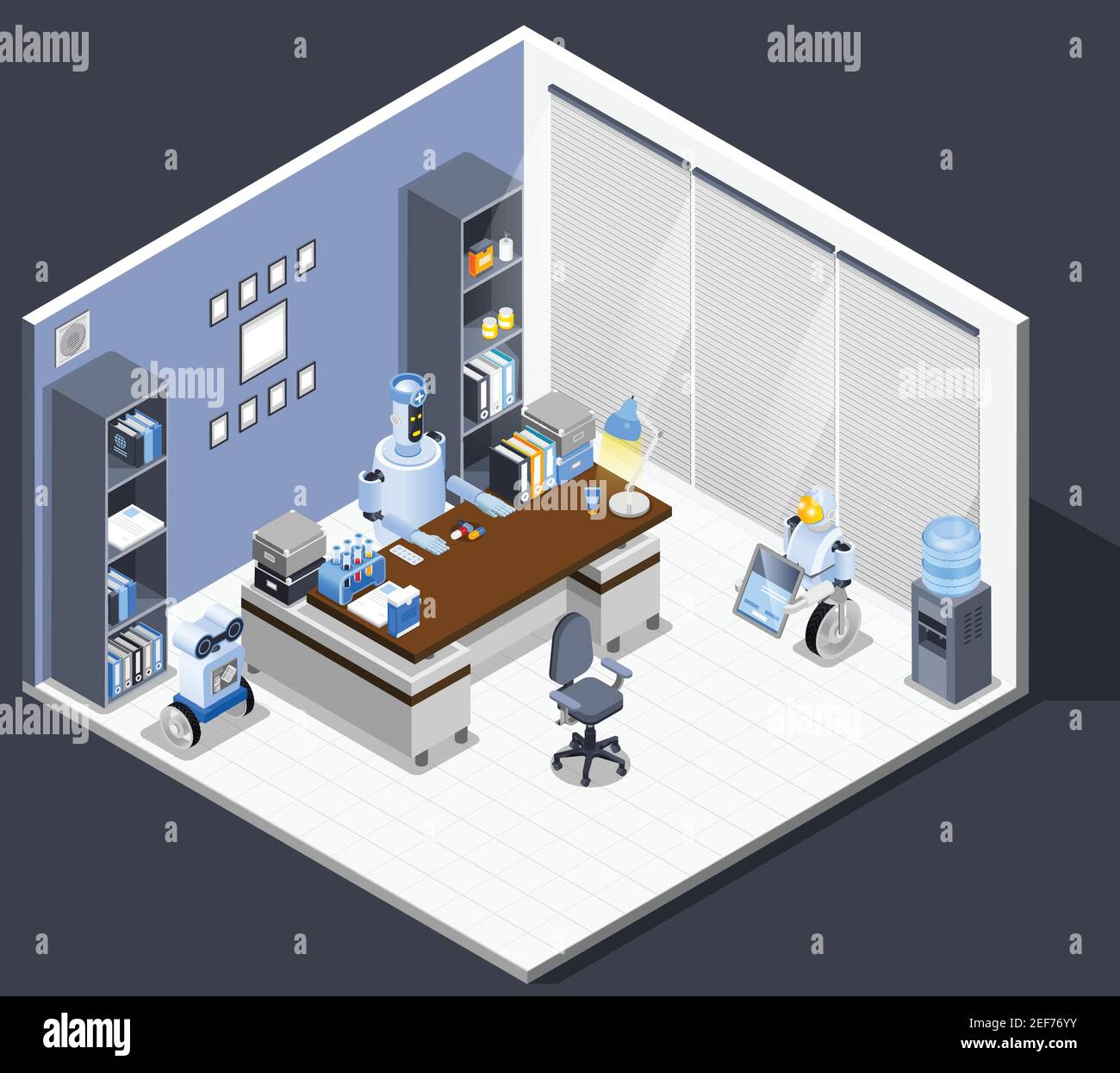 Robot isometric professions composition with office room interior ...