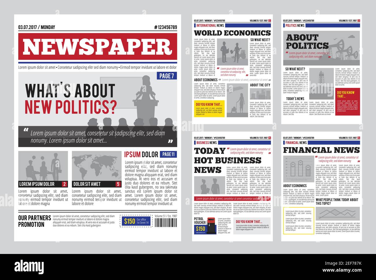 Newspaper design template with red headline, images and charts ...