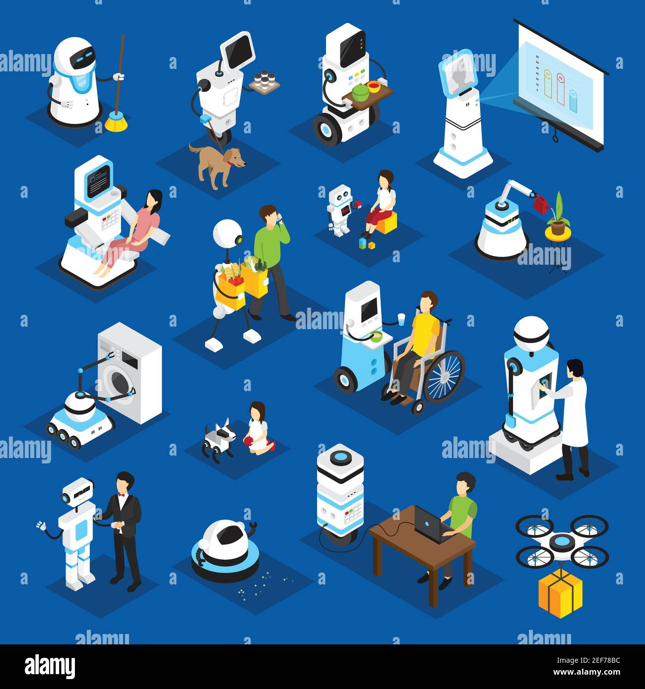 Robots isometric set with machine for business, housework, medicine ...