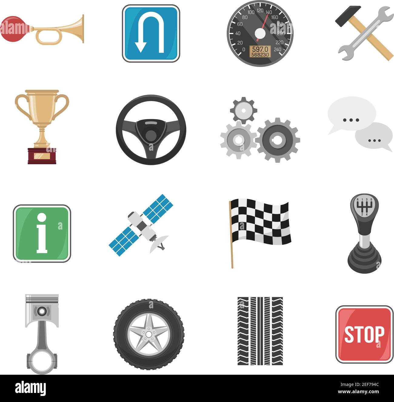 Auto set of sixteen isolated images of spare car parts traffic signs ...