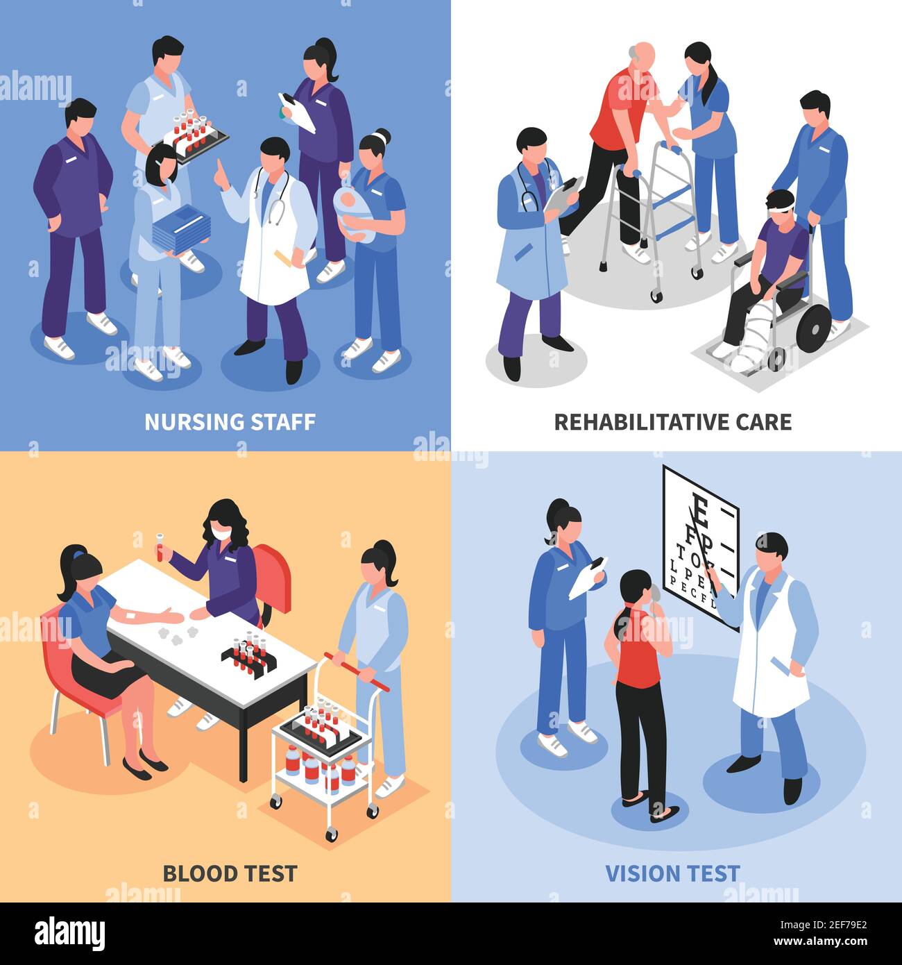 Hospital staff concept 4 isometric icons square with vision blood tests ...