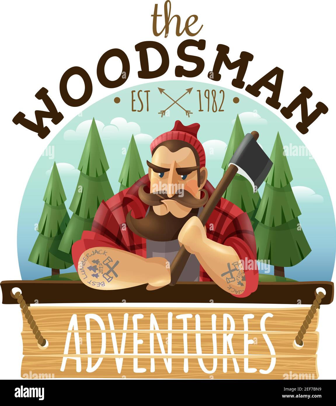 Typical lumberjack woodsman holding ax with strong muscled tattooed ...