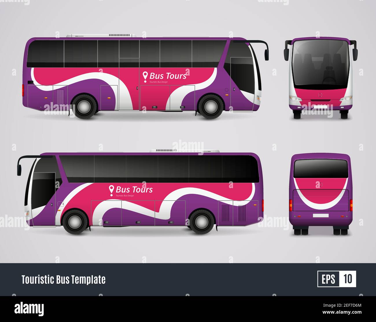 Touristic bus template in realistic style with colored views from ...