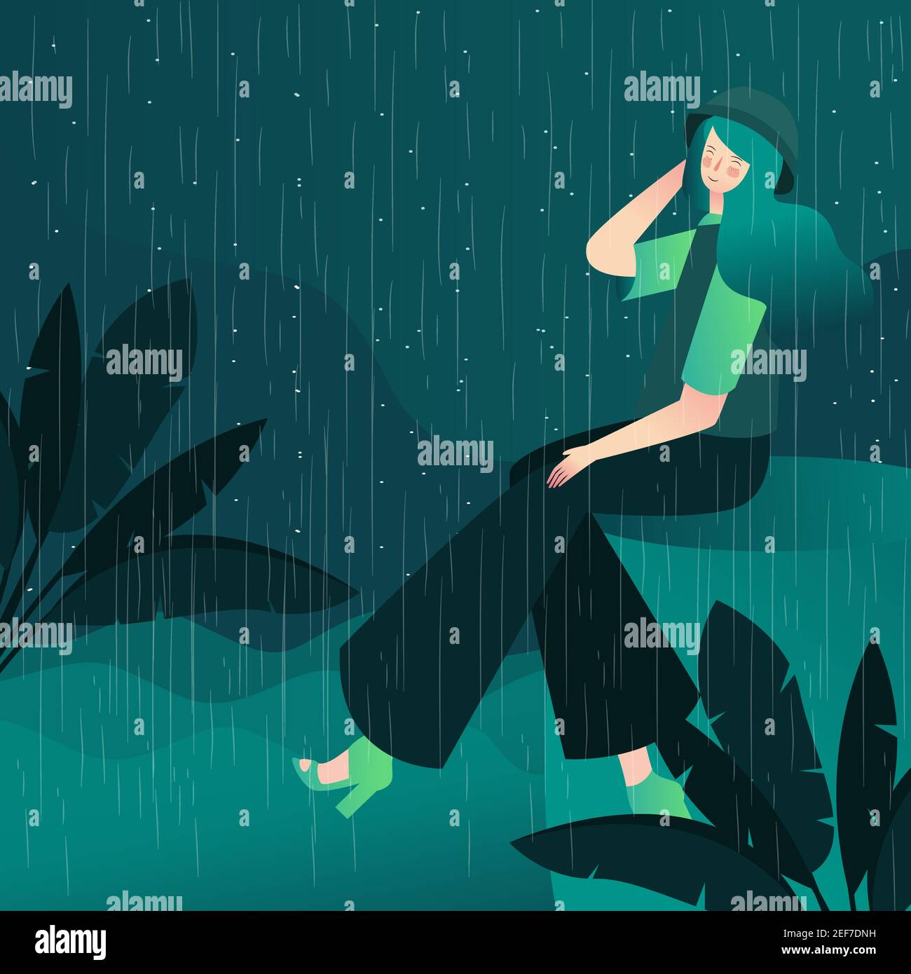 beautiful girl enjoy in rain night with cartoon flat style Stock Vector ...