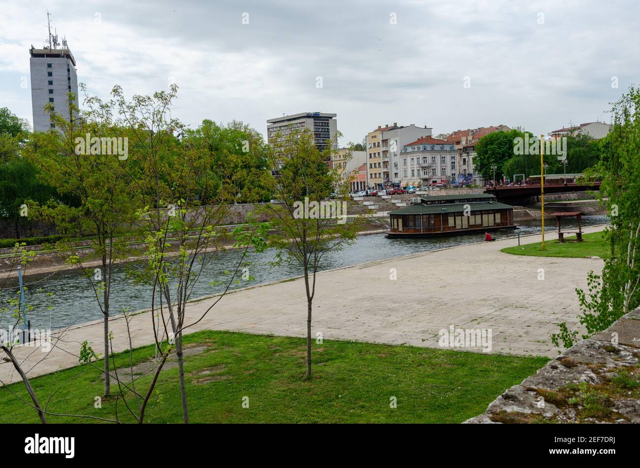 Panoramic view near city center showing float and river banks of Nisava ...