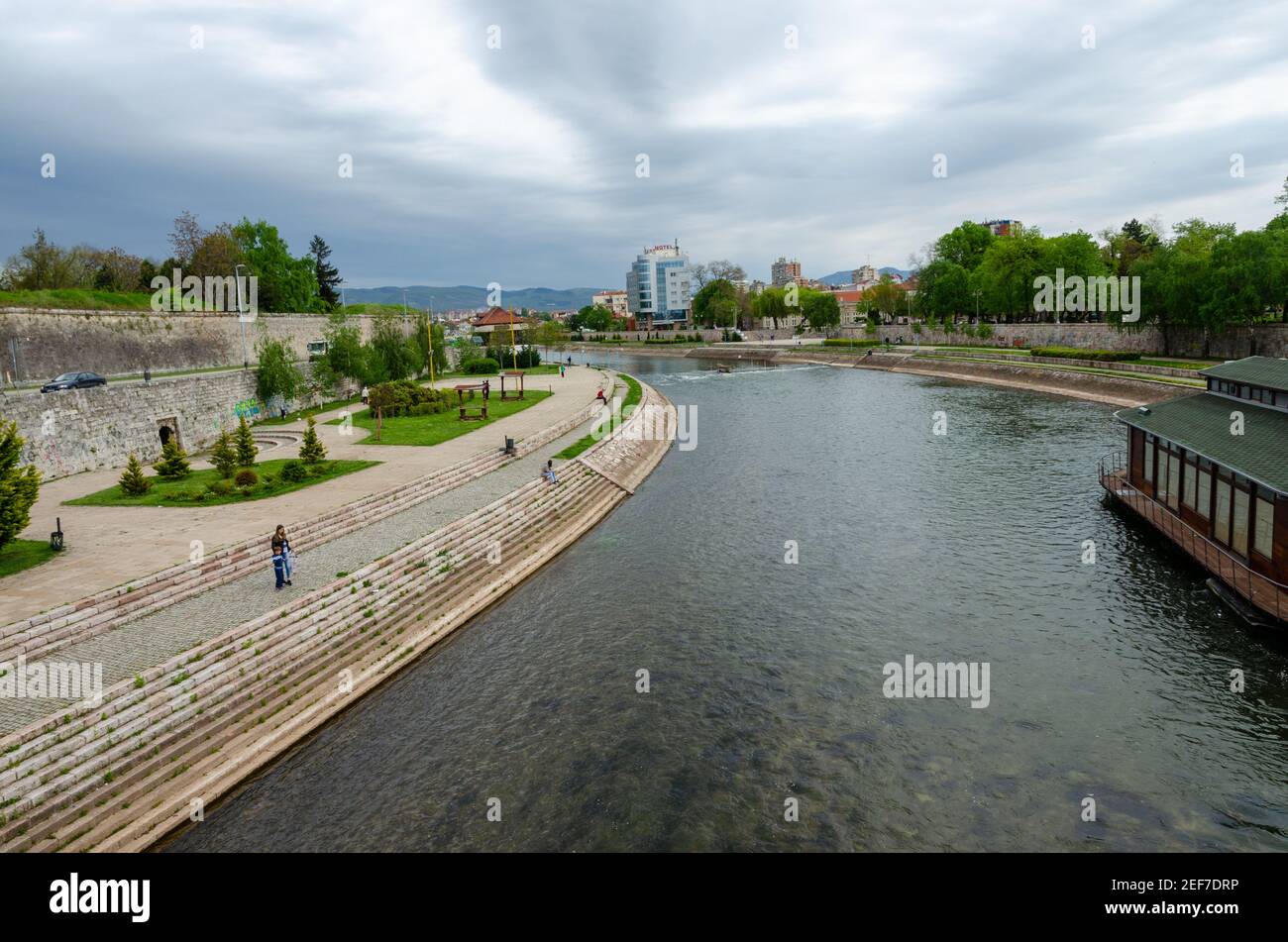 Panoramic view near city center showing float and river banks of Nisava ...