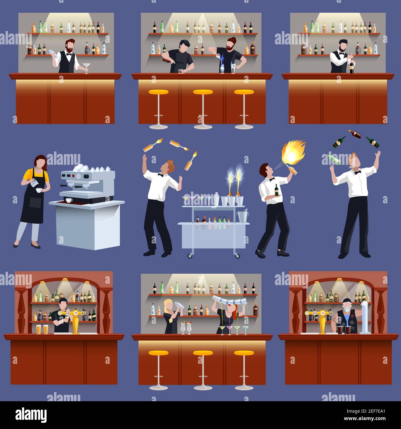 Colored and isolated bar icon set with barman bartender cocktail ...