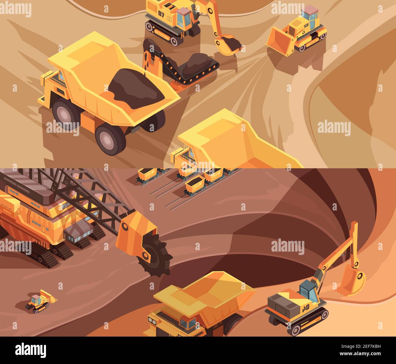 Set of two horizontal mining banners with extractive equipment and ...