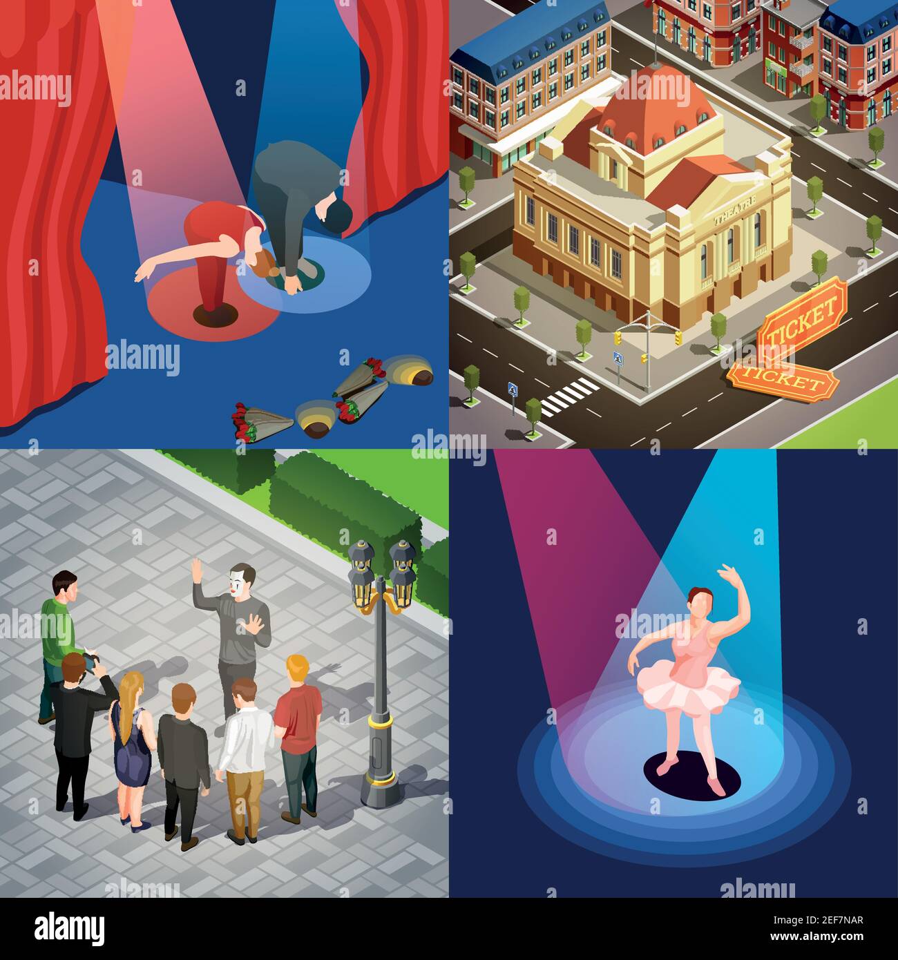 Theatre buildings and actors performing at stage and outdoors 2x2 ...