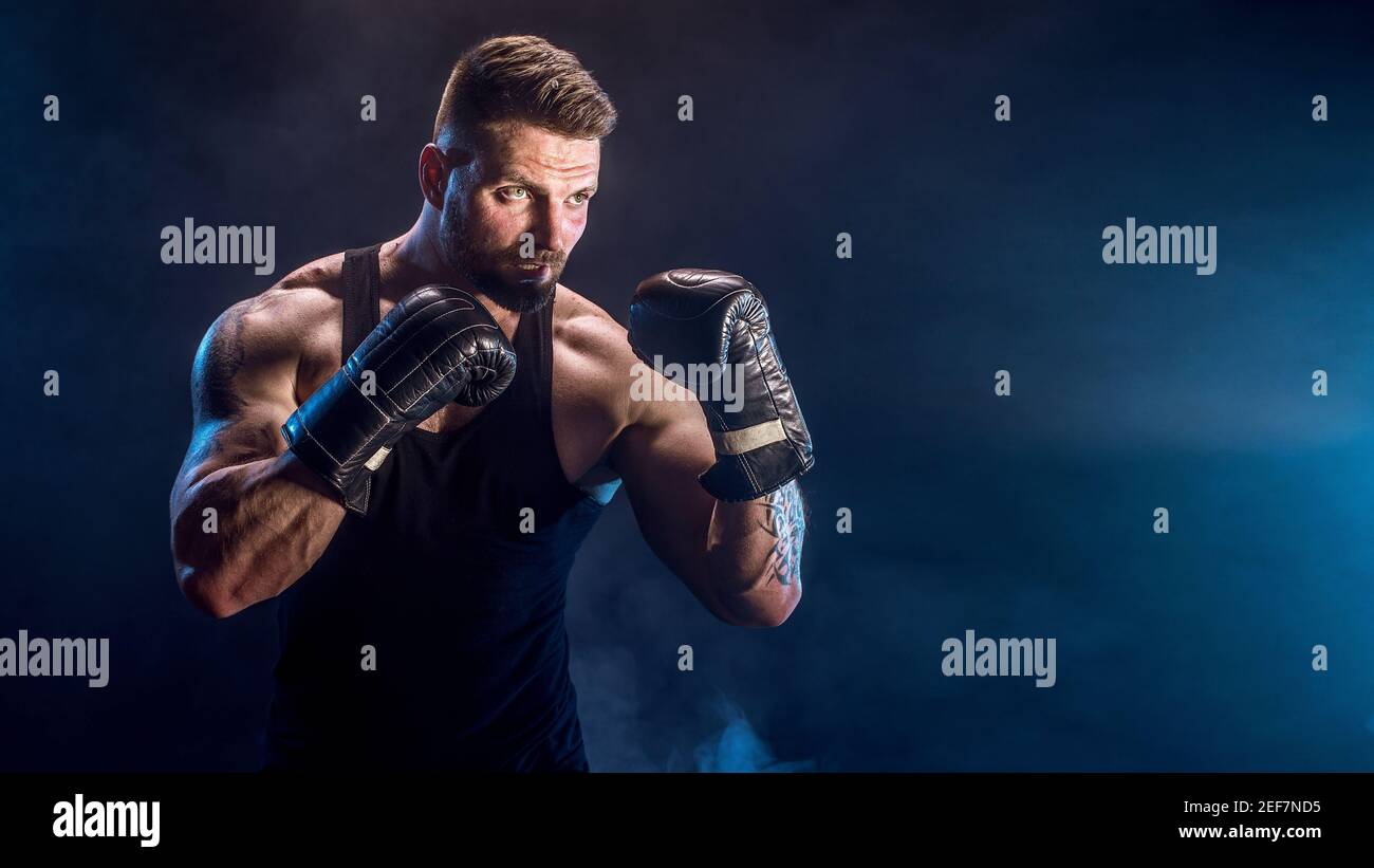 Sportsman boxer fighting on black background with shadow. Copy Space ...