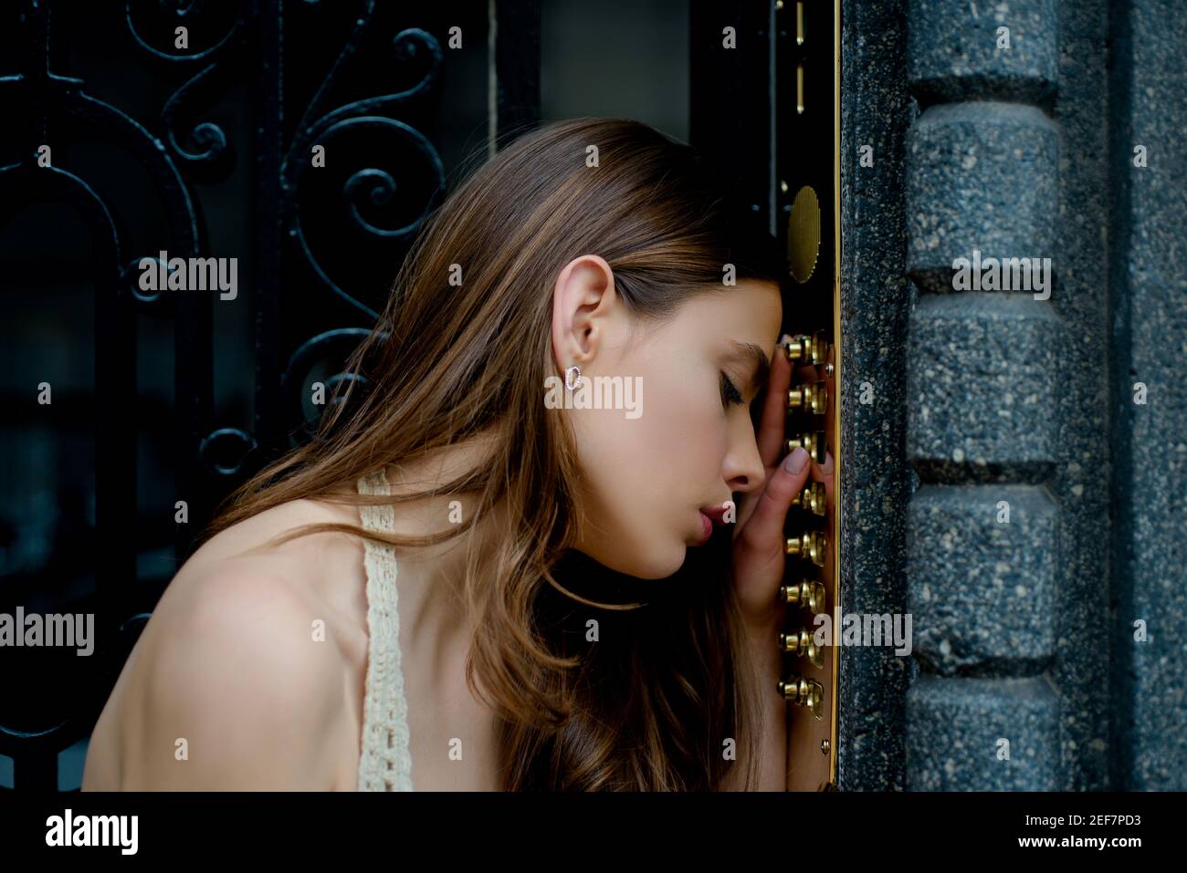 Woman intercom button. Lady female electronic doorbell at entrance ...