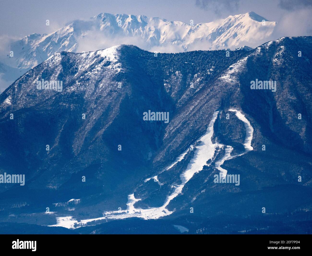 Aerial shot of the Japanese alps seen from the upper area of the Shiga ...