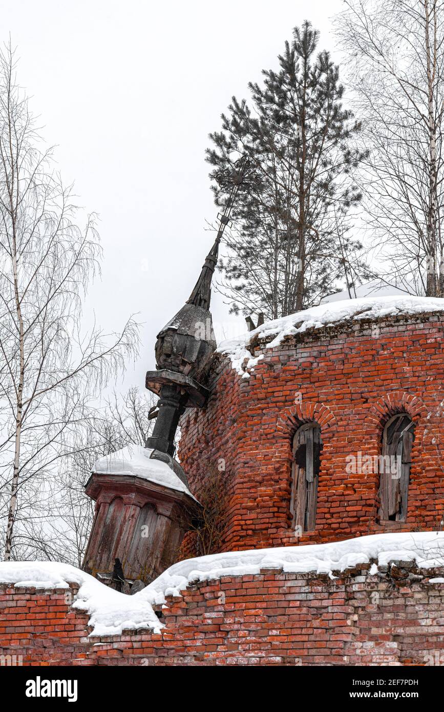 Old bricks stone church Russian style. Vintage walls and wooden spire ...