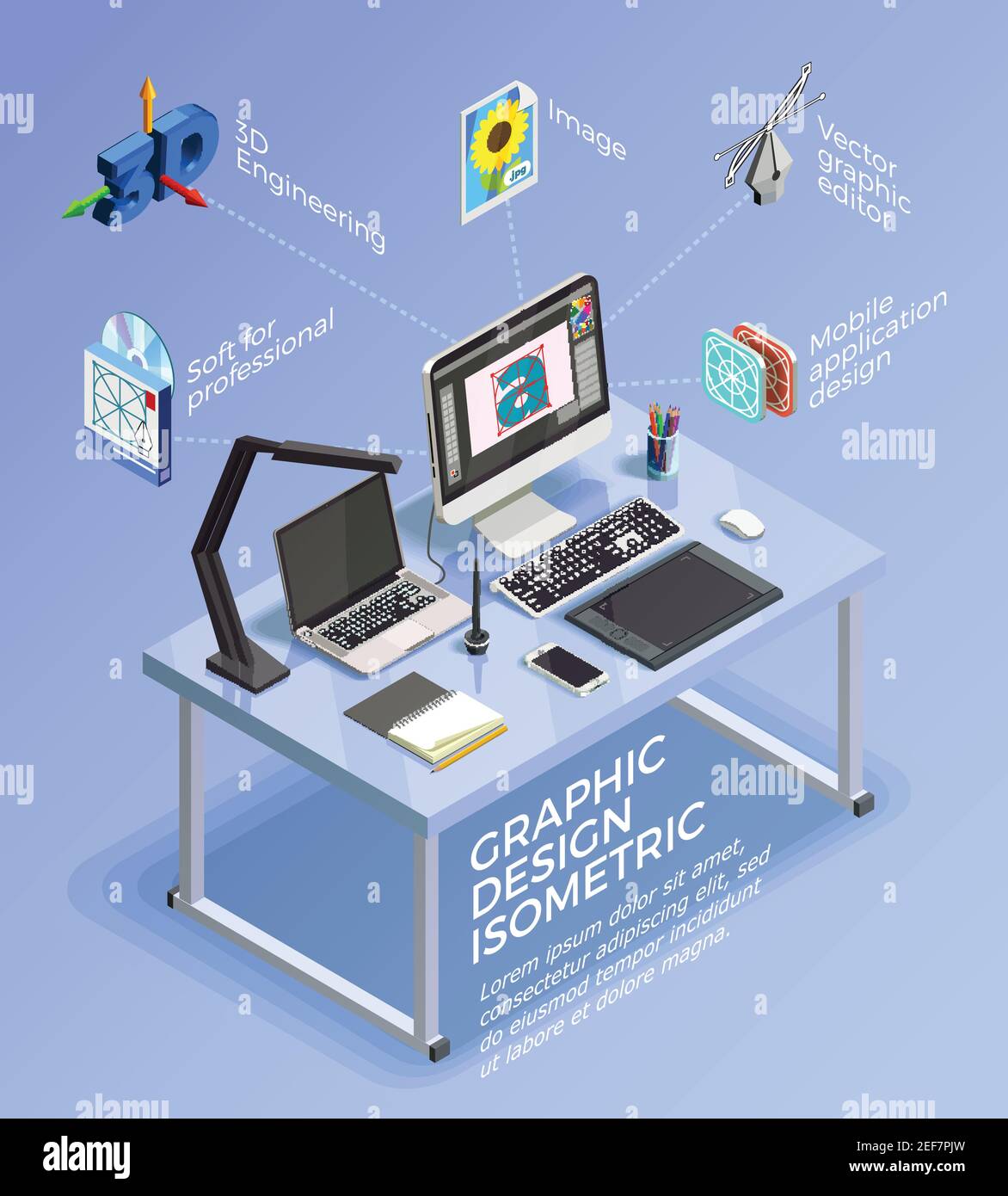 Graphic design isometric concept with infographics and designers ...