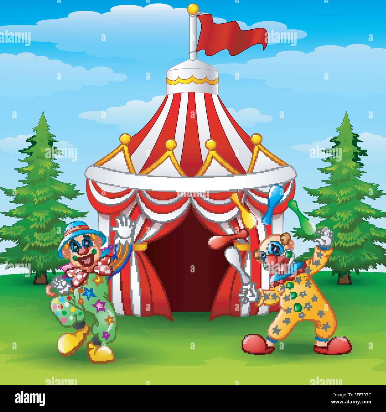 Vector illustration of Cartoon happy clown on the circus tent ...