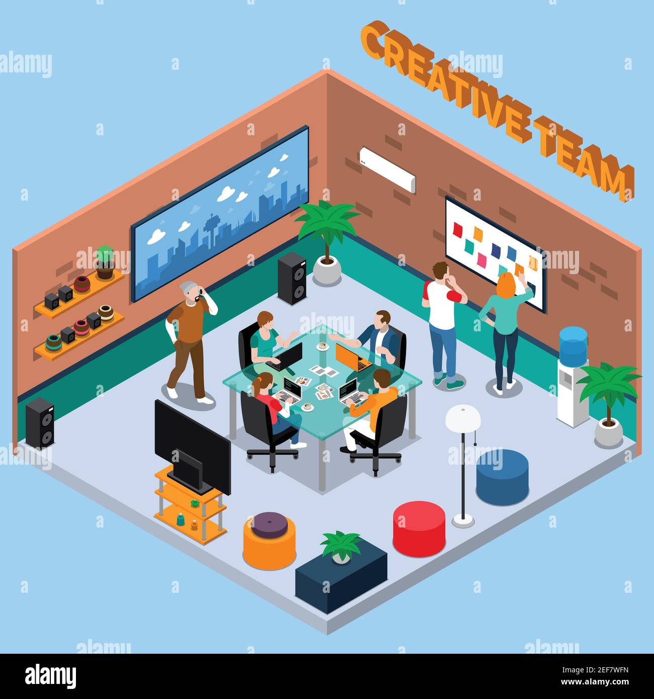 Team of creatives in office space with board, table for computer work ...