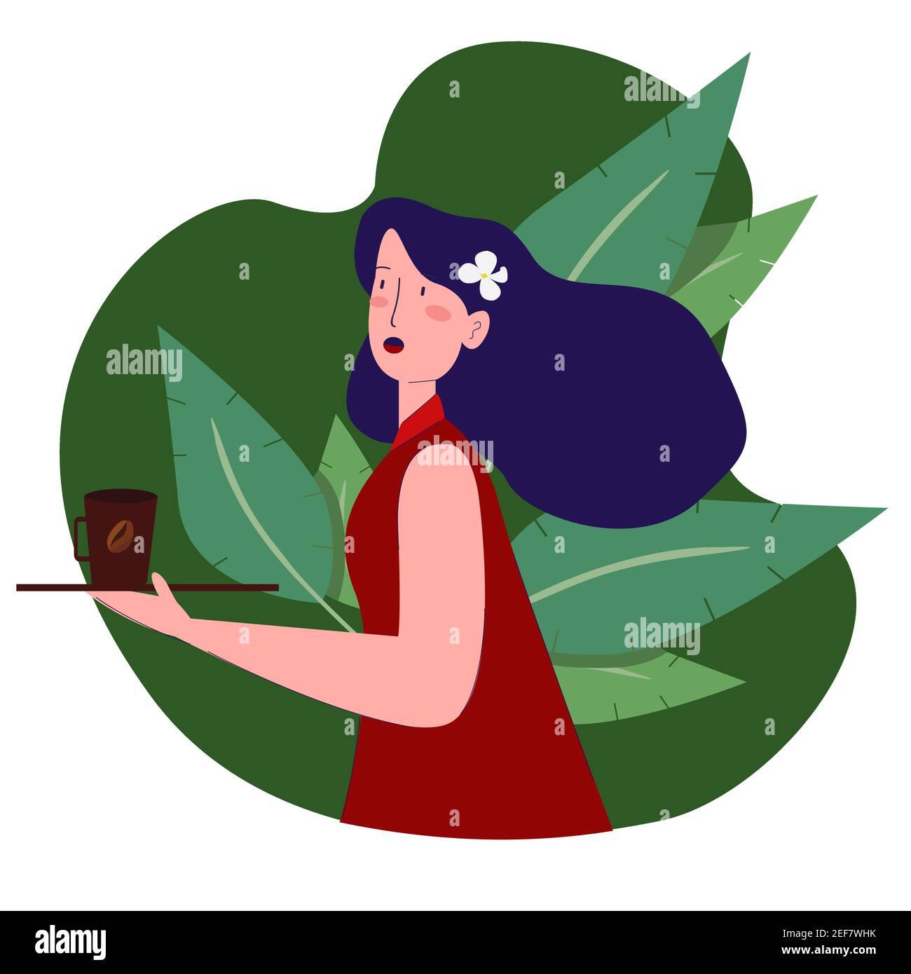 waitress girl bring coffee floral background with cartoon flat style ...