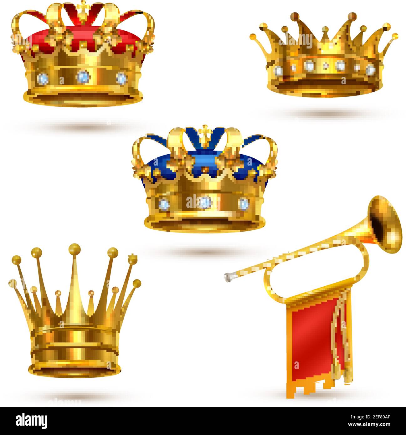 Royal ceremonial gold crowns collection and fanfare heralding trumpet ...