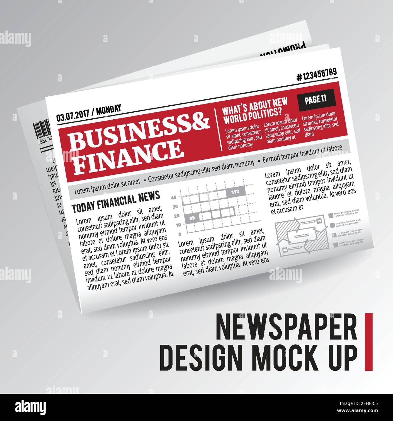 Folded, single, realistic economic newspaper with business and finance ...