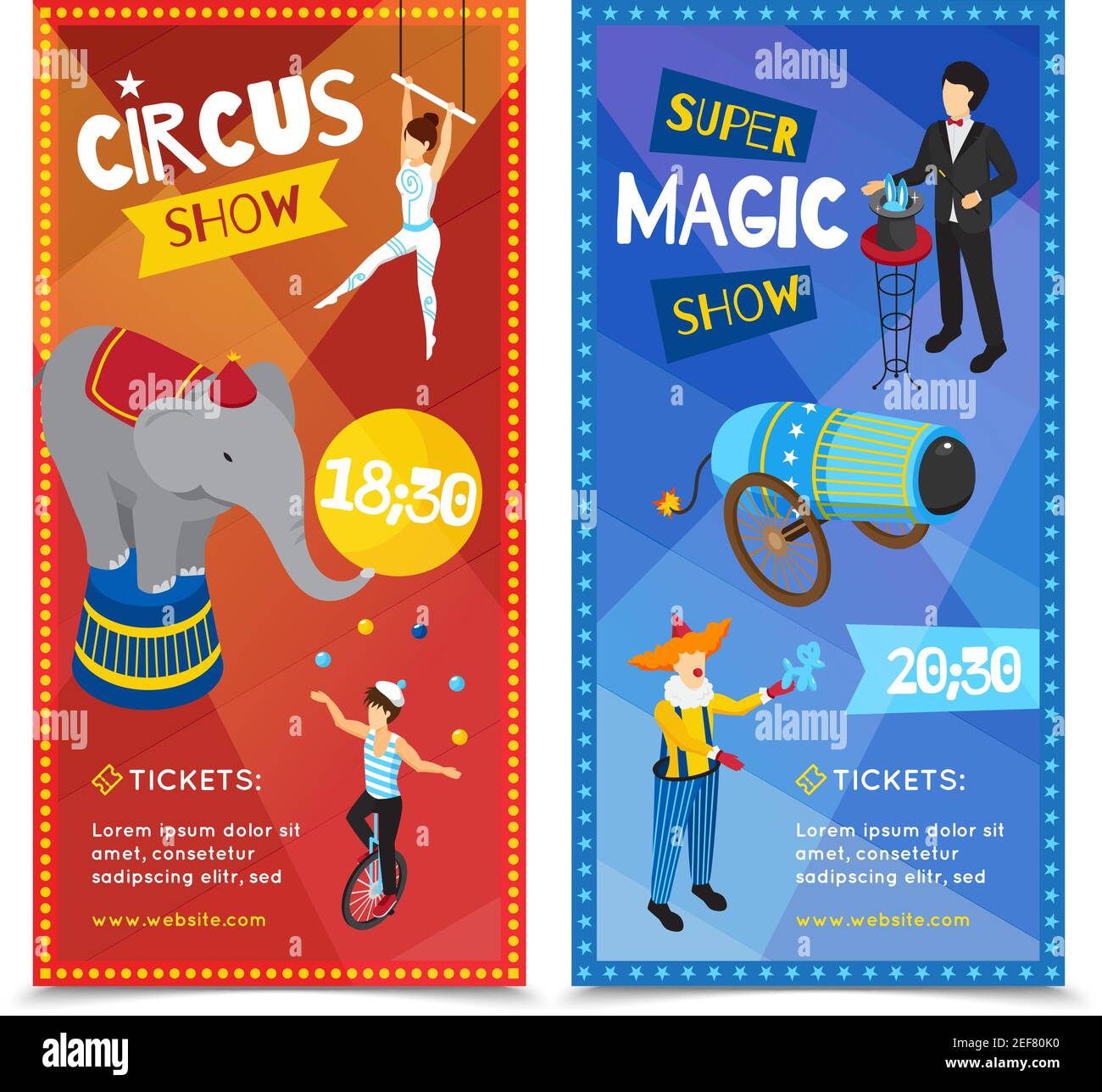 Circus vertical isometric banners with trapeze artist, juggler, super ...