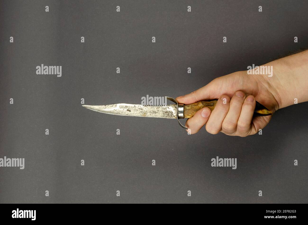 Hand holds a hunting knife on a gray background. Old Goat's leg knife ...