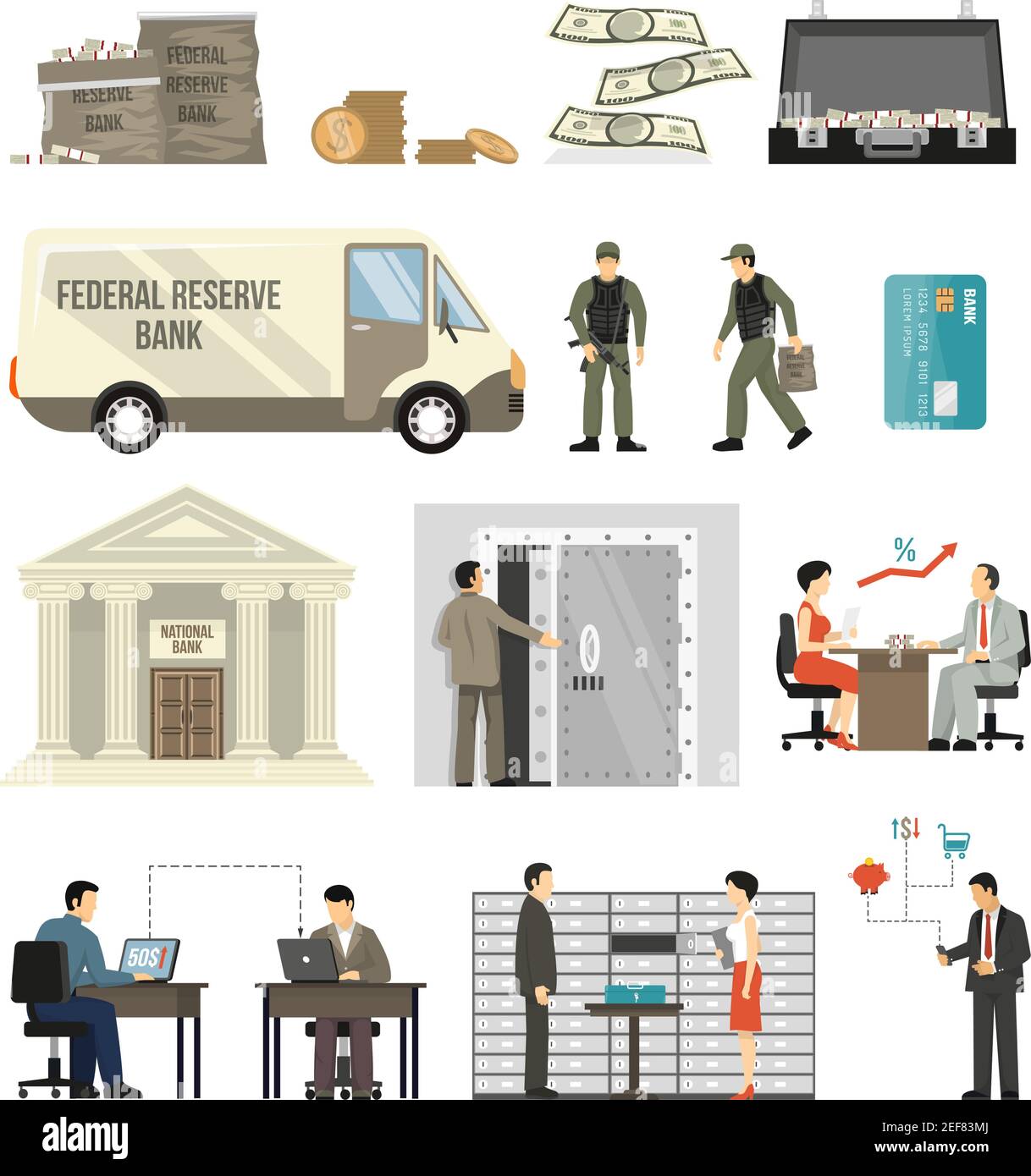 Flat design set of bank building clerks clients banknotes and coins ...