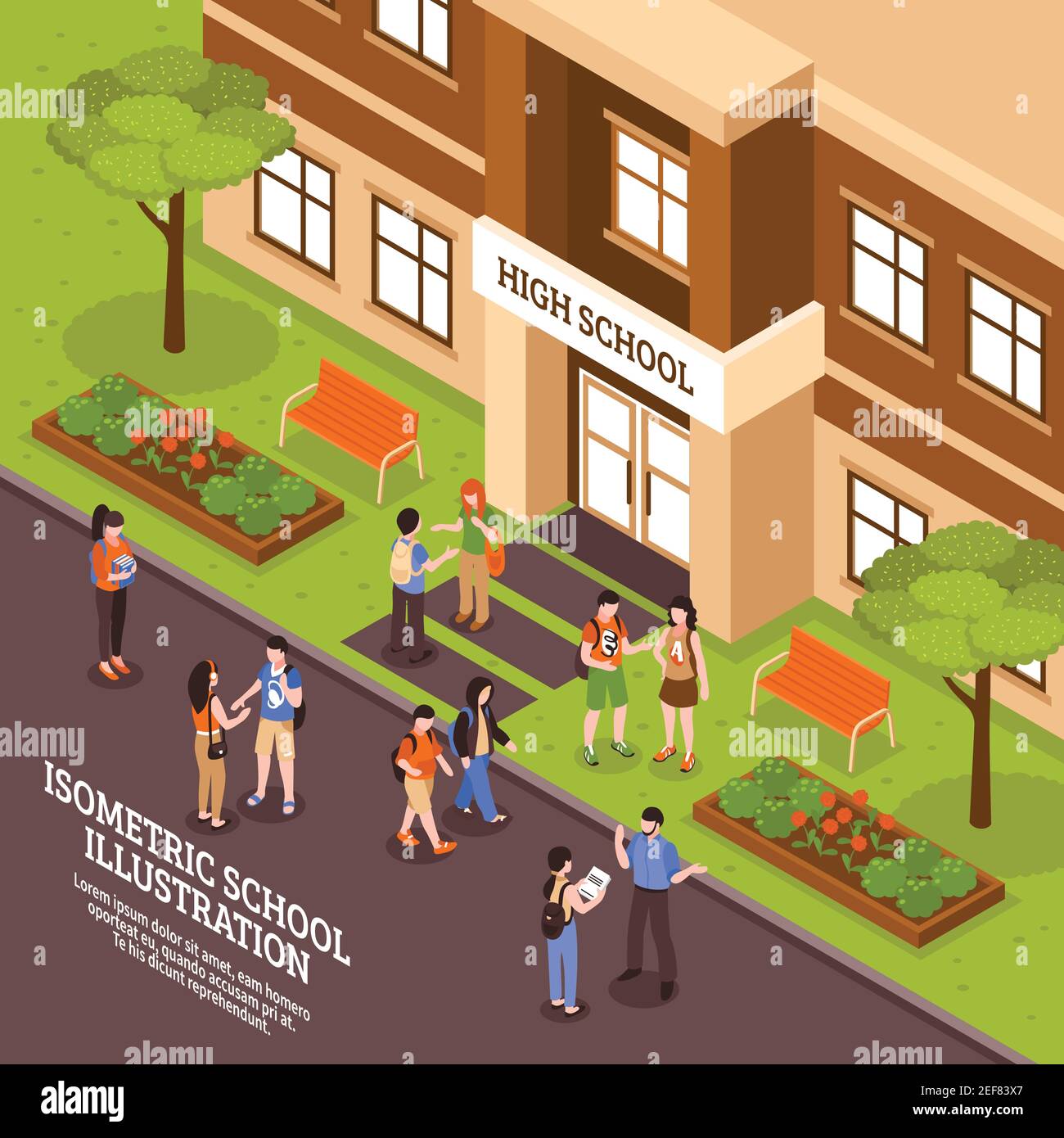 High school building outdoor area in summer isometric view poster with ...