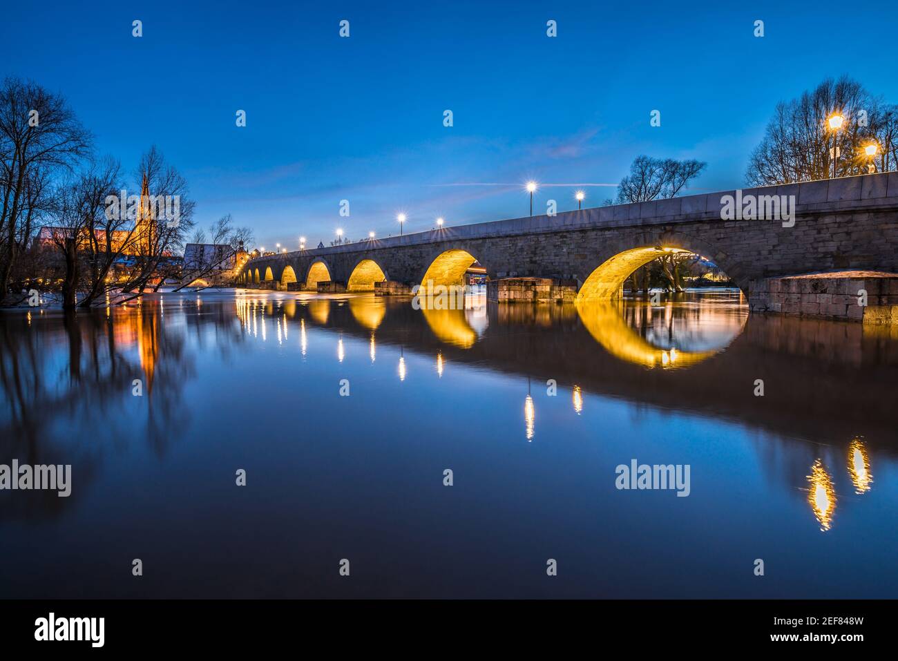 Flood of Danube river in winter 2021 in Regensburg with flooded Jahn ...