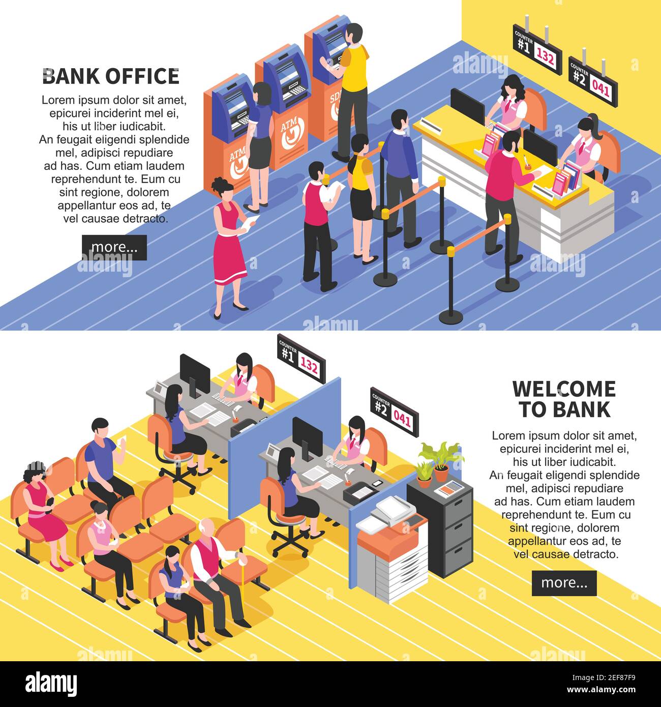 Bank office horizontal isometric banners with service of visitors ...