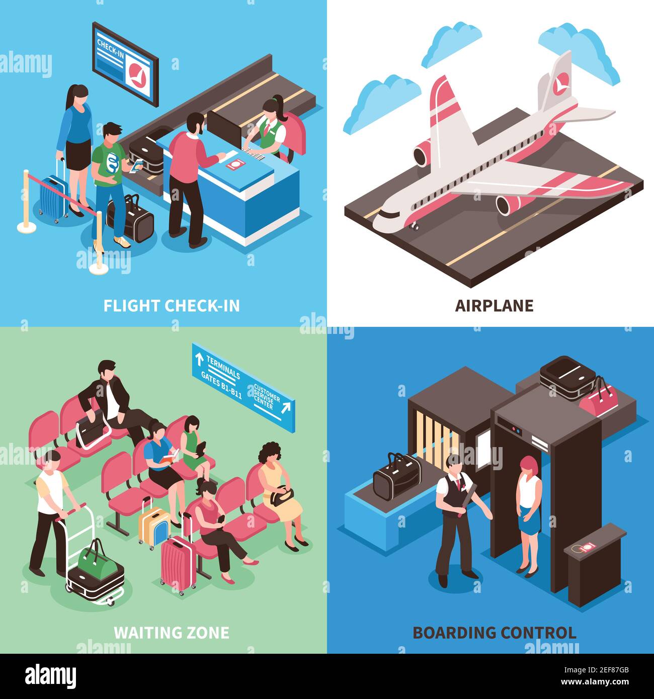 Airport departure concept 4 isometric icons square poster with flight ...
