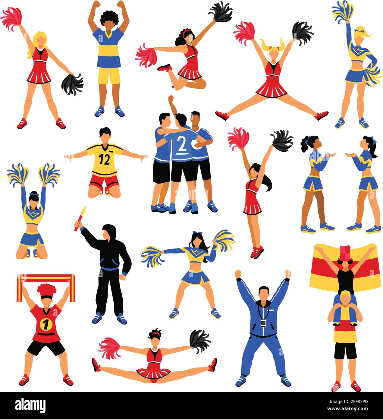 Set of football players, trainer, fans with scarf and flag, girls ...