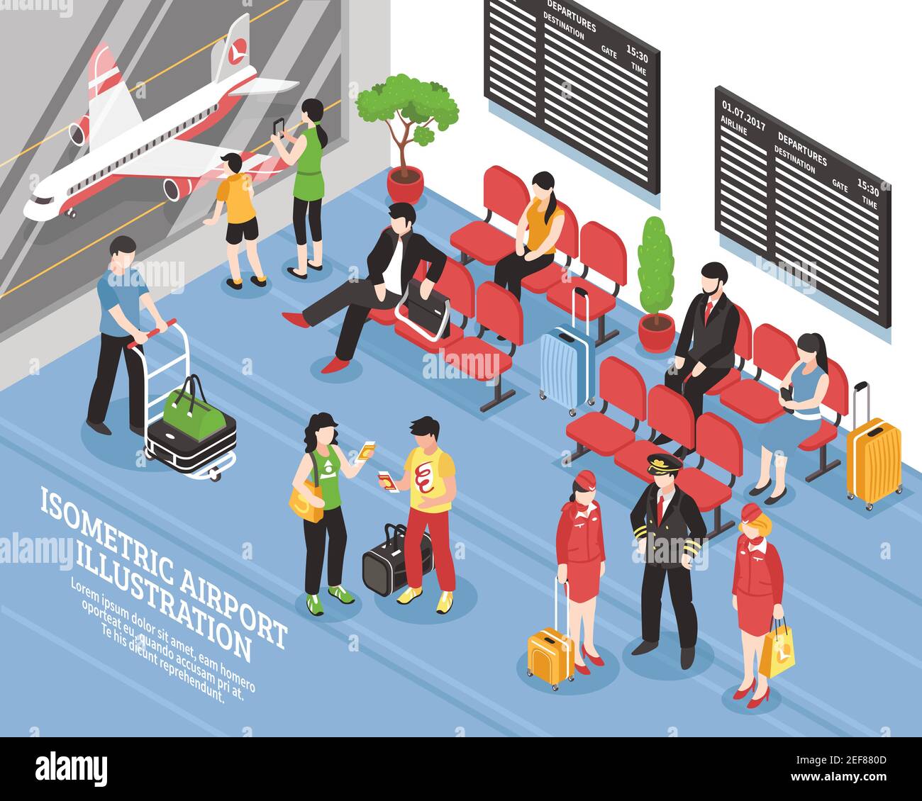 Airport departure waiting area lounge isometric poster with flight crew ...