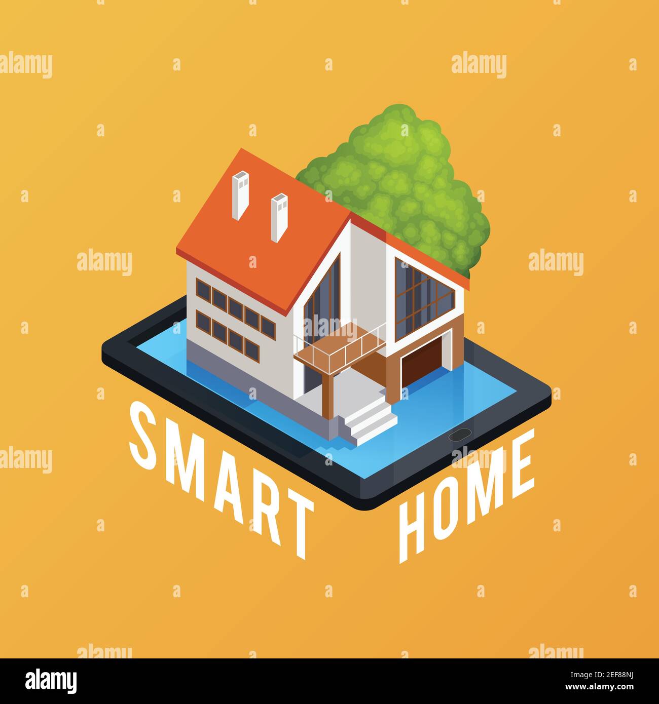 Smart home symbol isometric composition poster with remote computer controlled house on ...