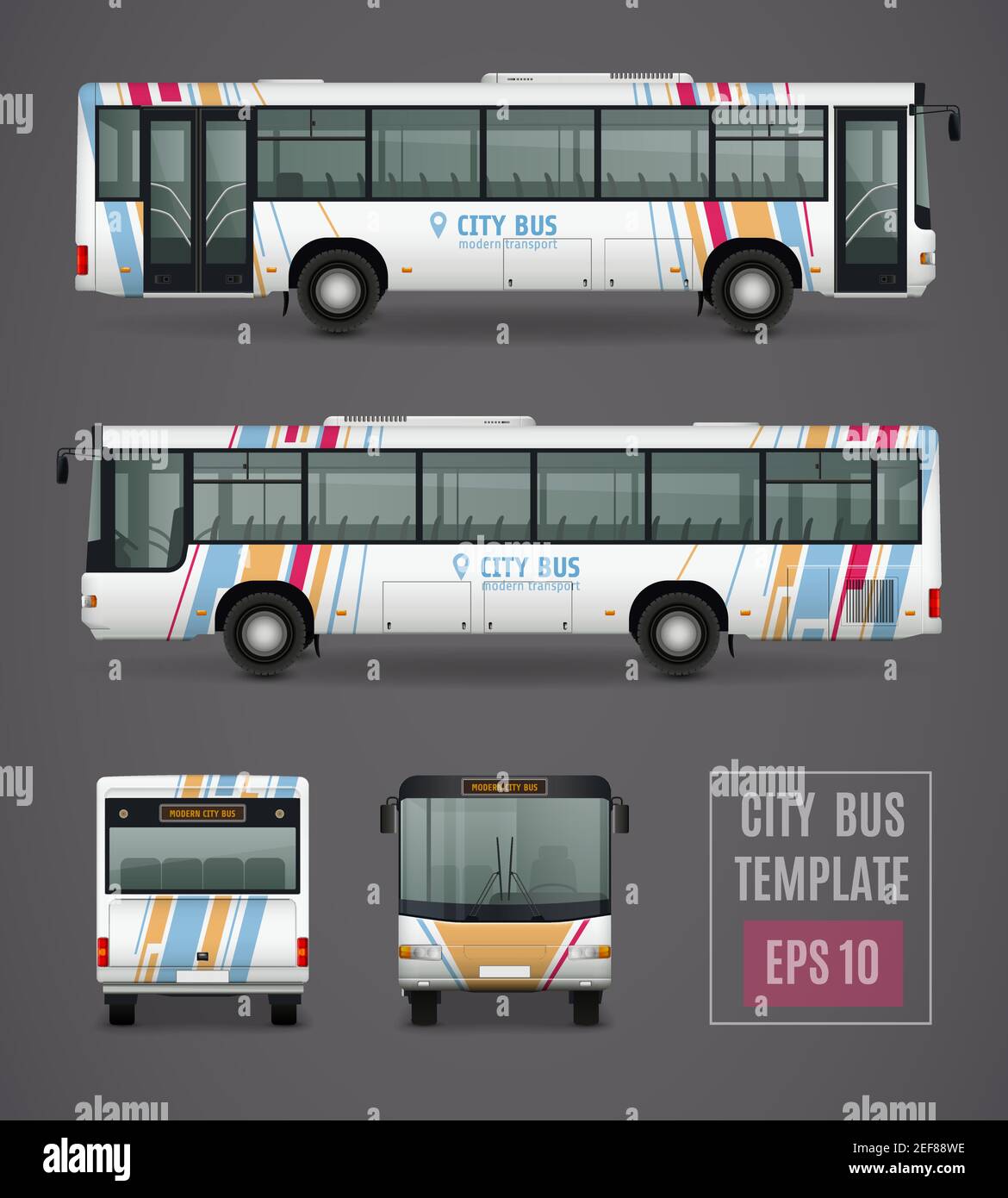 City bus grey template in realistic style with colored images from all ...