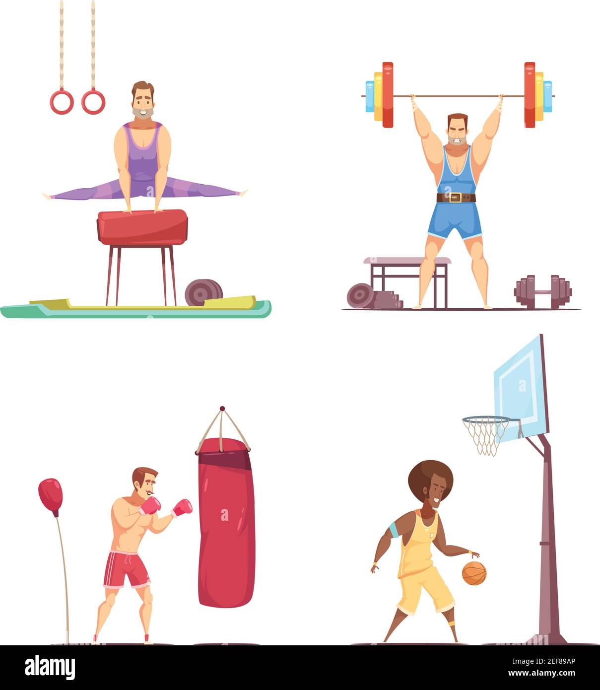 Sportsman retro cartoon set of flat isolated doodle style compositions ...