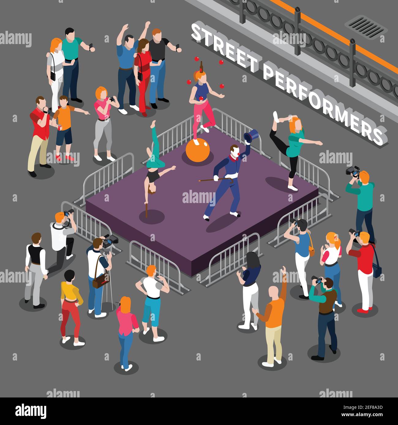 Street performers isometric composition including podium with pantomime ...