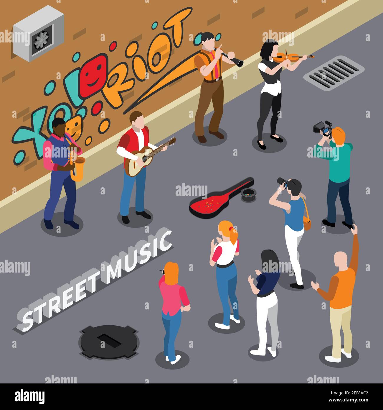 Street musicians playing on instruments on background of wall with ...